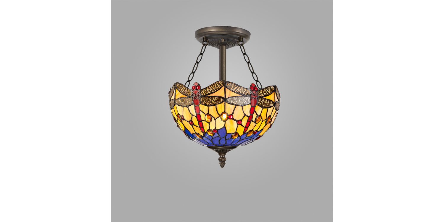Haze 3 Light Semi Ceiling E27 With 30cm Tiffany Shade, Blue/Orange ...